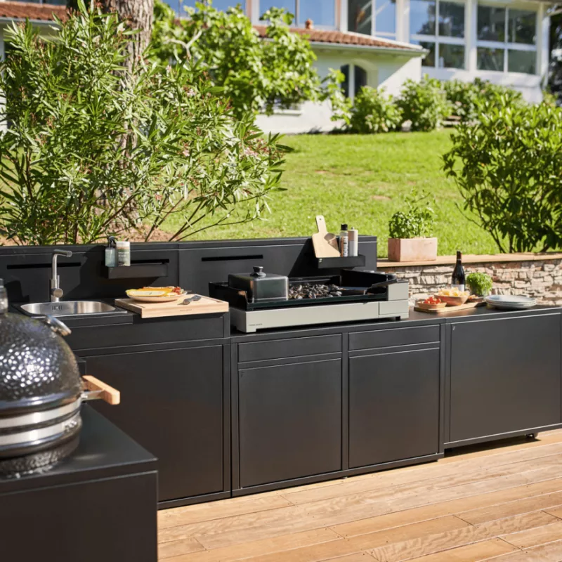 Meuble de cuisine extérieure 2 portes avec comptoir bar noir Forge ...