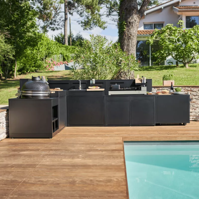 Meuble de cuisine extérieure 2 portes avec comptoir bar noir Forge ...